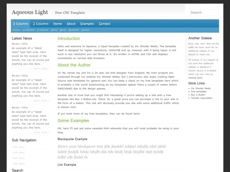 HTML/CSS Templates for Free Downloading: Aqueous Light - Free HTML ...